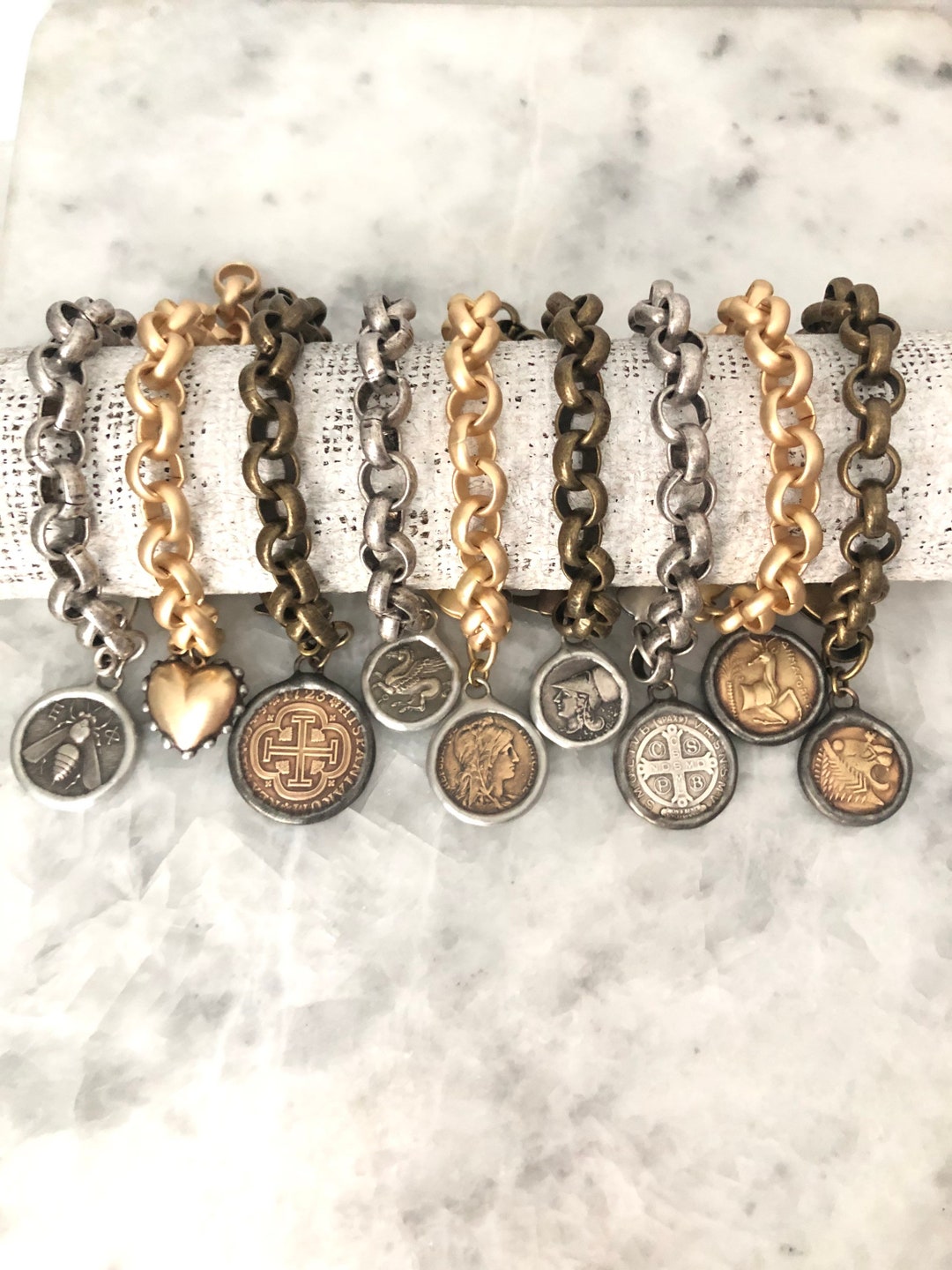 Chain Bracelet With Coins, 11mm Antique Silver or Gold Rolo, Large ...