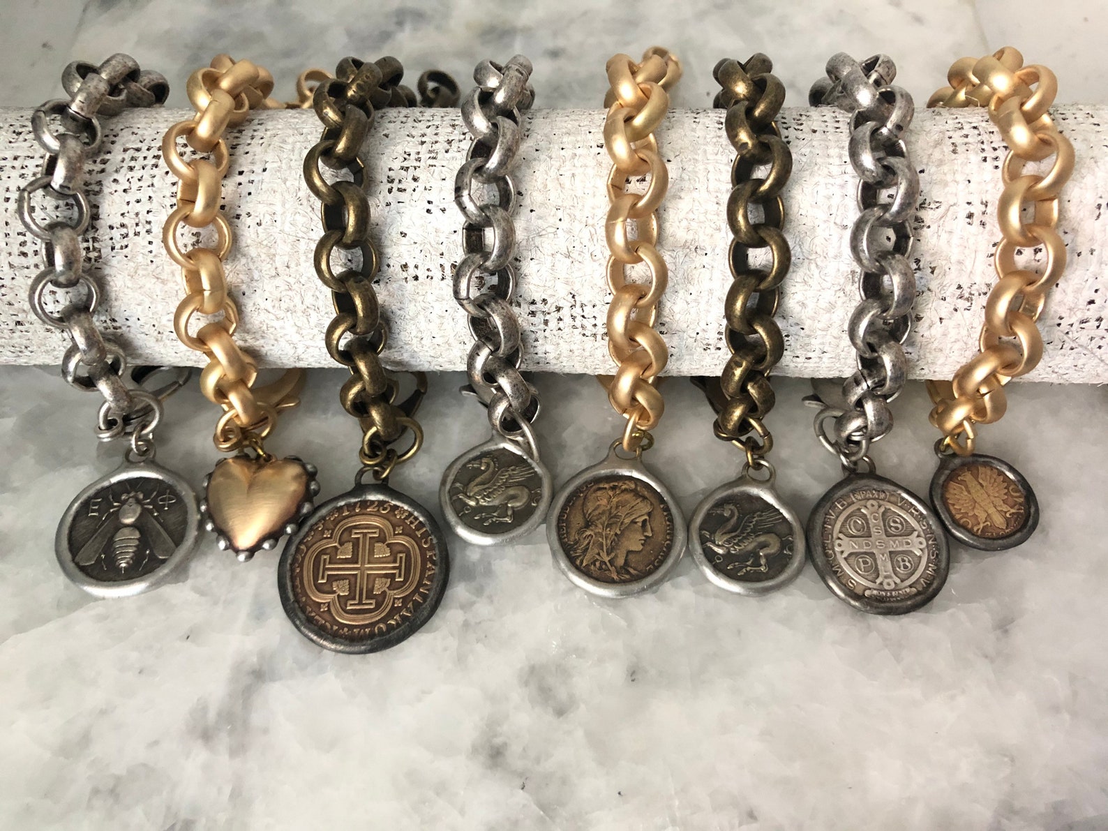 Chain Bracelet With Coins 11mm Antique Silver or Gold Rolo - Etsy