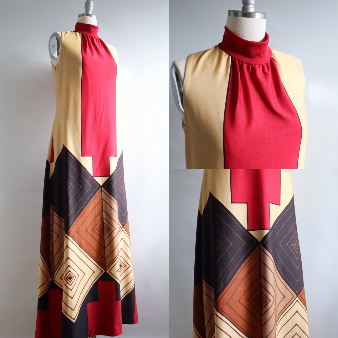 French Mod Dress Graphic Novelty Print Polyester Maxi Yellow Red ...