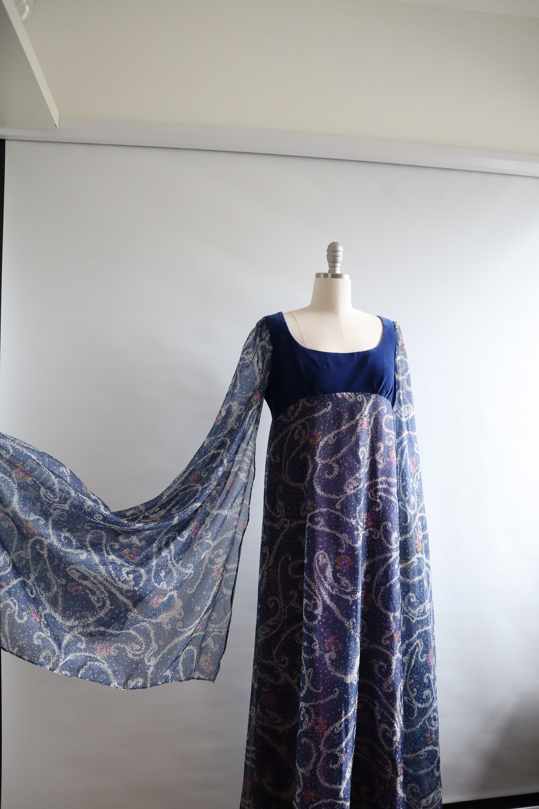 Quaid Dress With Dreamy Long Sleeves Blue Navy Floral Fairy - Etsy