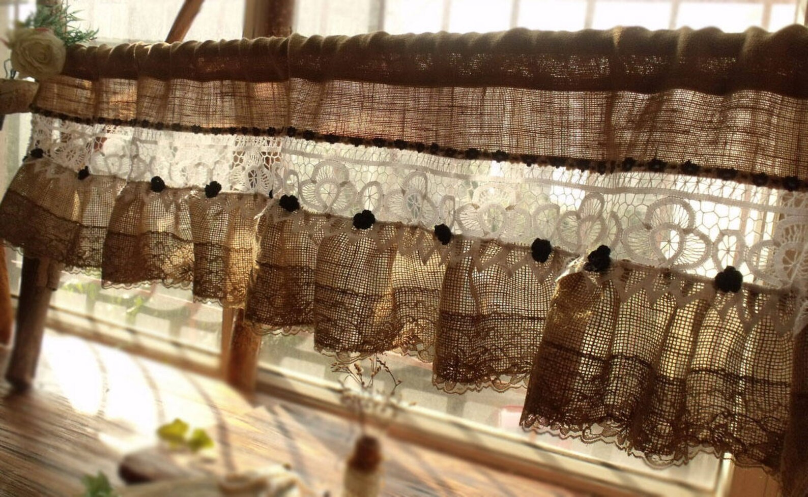 Custom Burlap Window Valance Curtain Vintage White Lace | Etsy