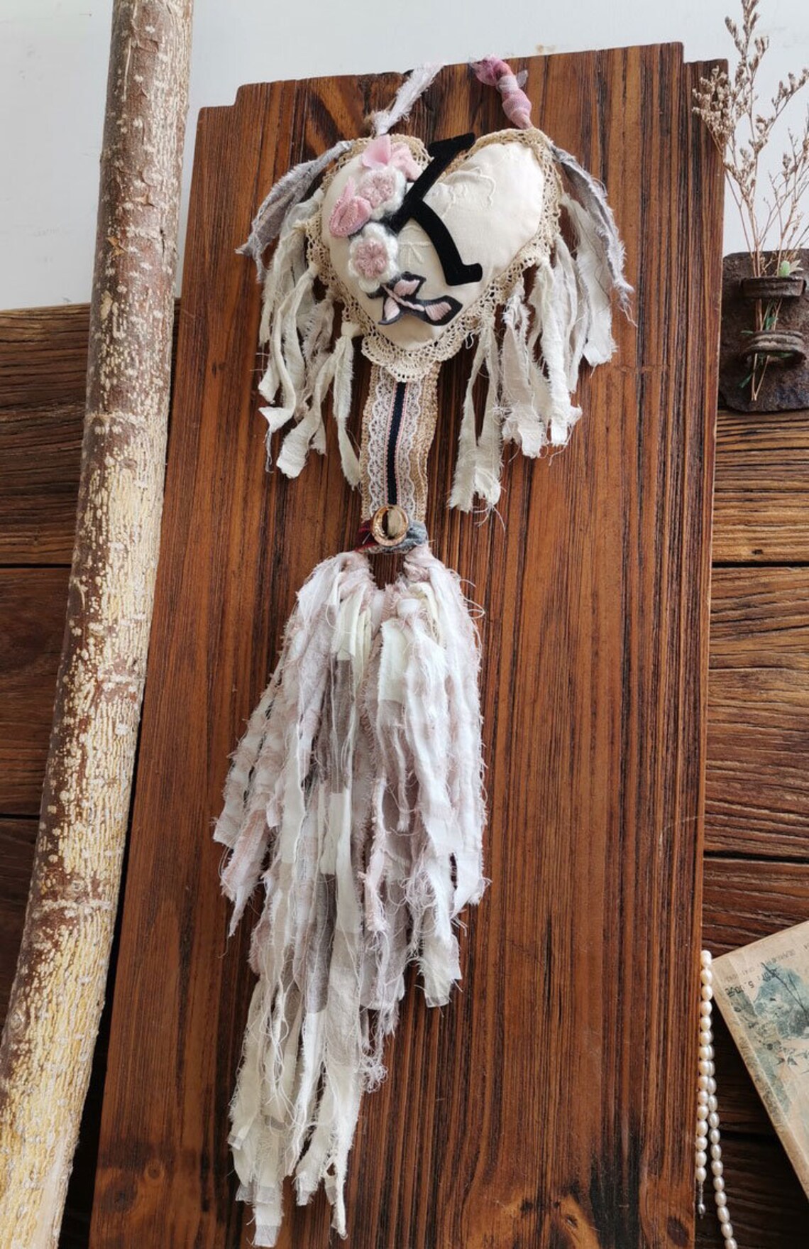 Large 28 long Pink Flower Monogram Tattered Rag Heart | Etsy