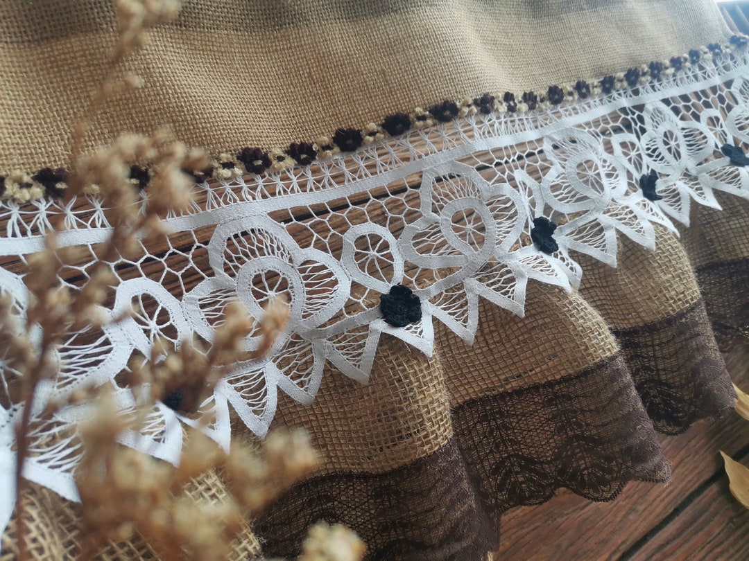 Custom Burlap Window Valance Curtain Vintage White Lace - Rustic ...