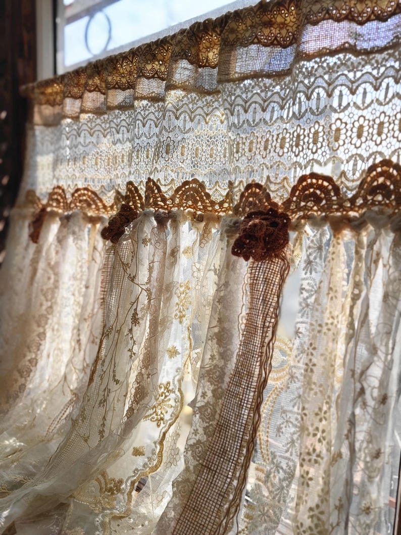 Handmade French Lace Curtain: Burlap Crochet Rosettes, Shabby Chic ...