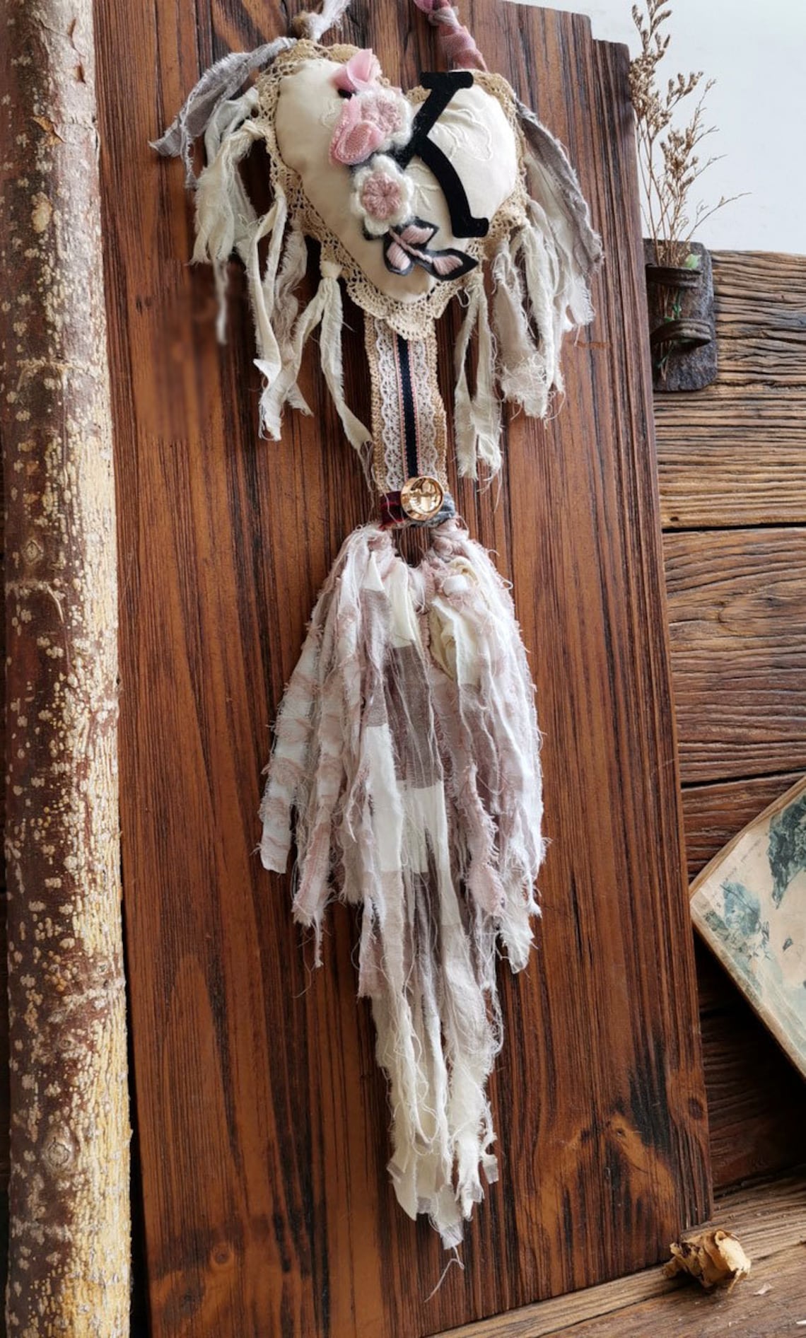 Large 28 long Pink Flower Monogram Tattered Rag Heart | Etsy