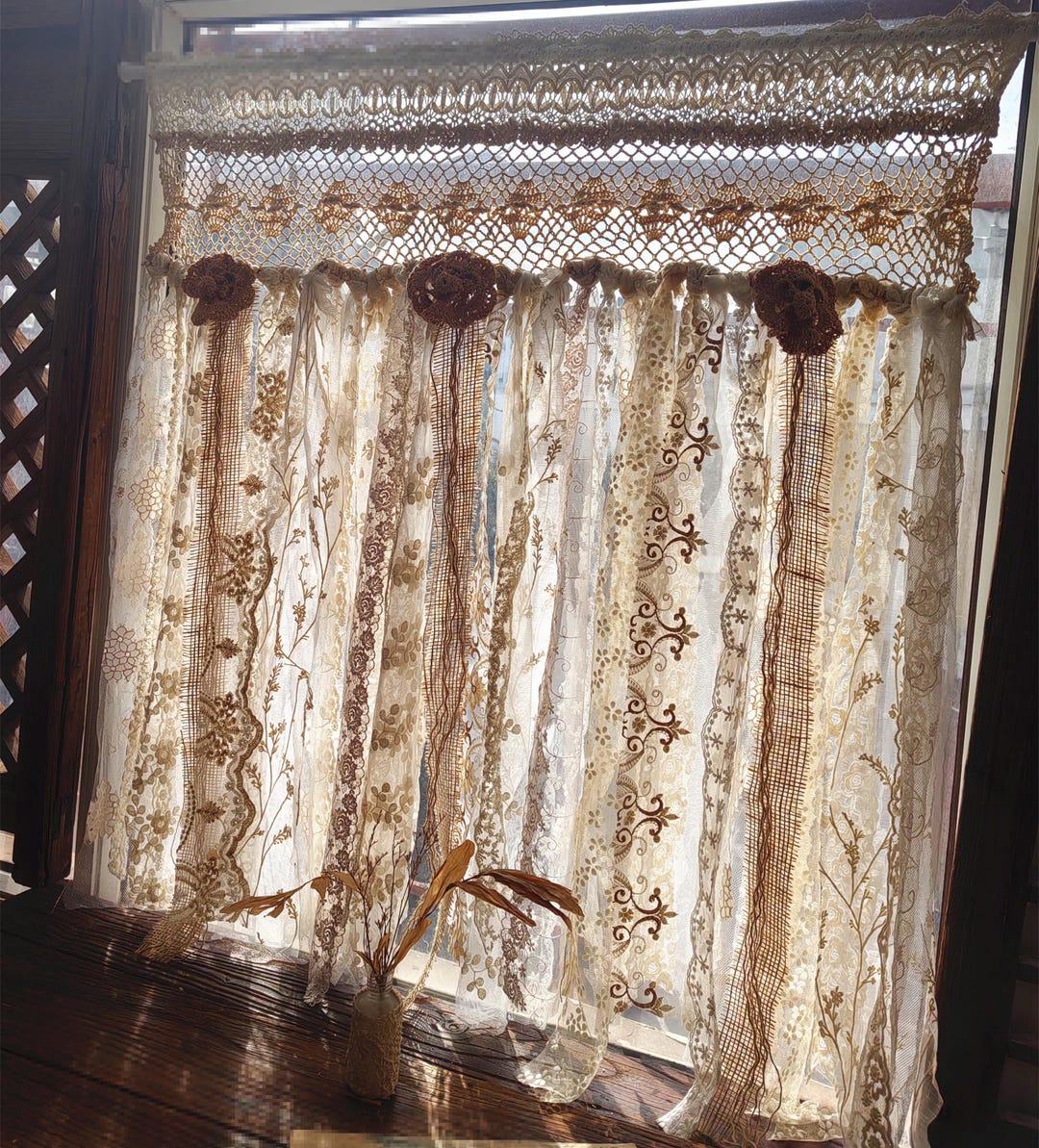 36" Wide X 32" Long Antique Lace Curtain: Bohemian Sheer Chic Burlap Window Treatment - Etsy