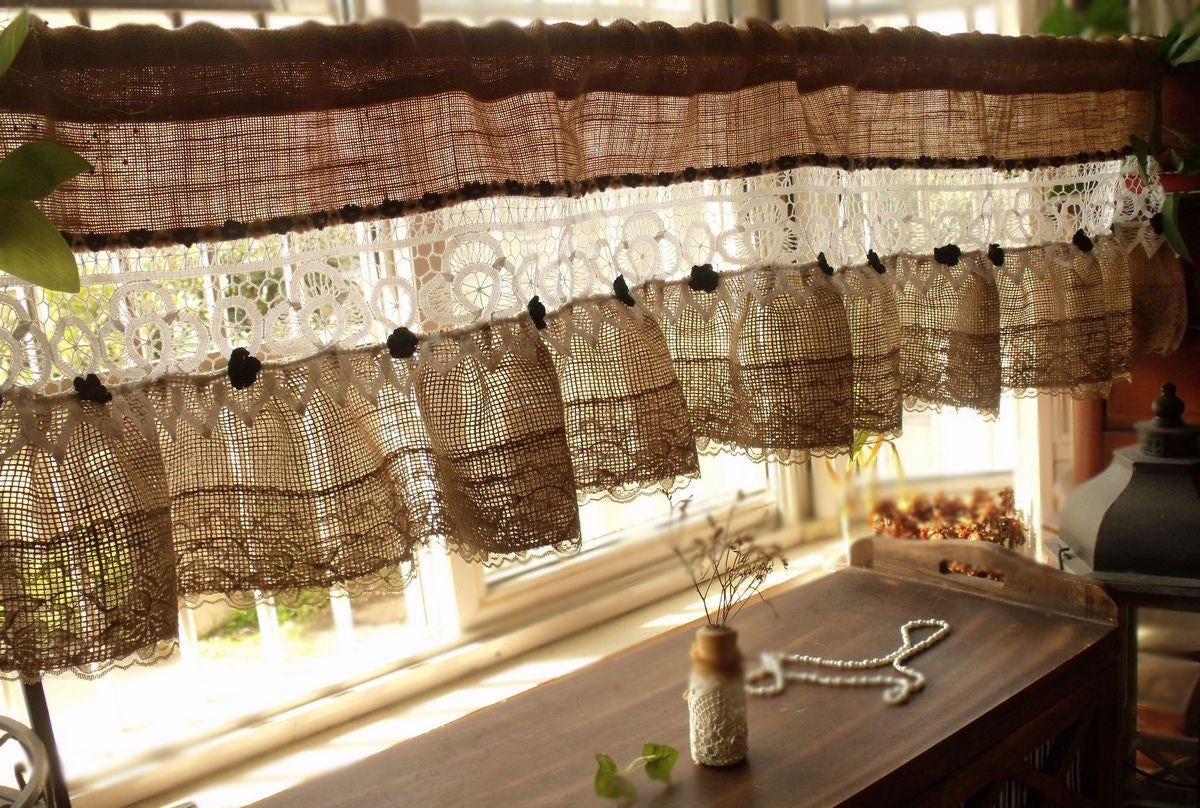 Custom Burlap Window Valance Curtain Vintage White Lace | Etsy