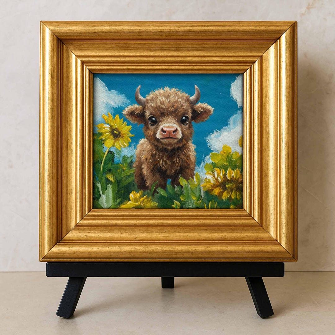 Mini Highland Cow Framed Oil Painting: 4x4 Inch Whimsical Farm Animal ...