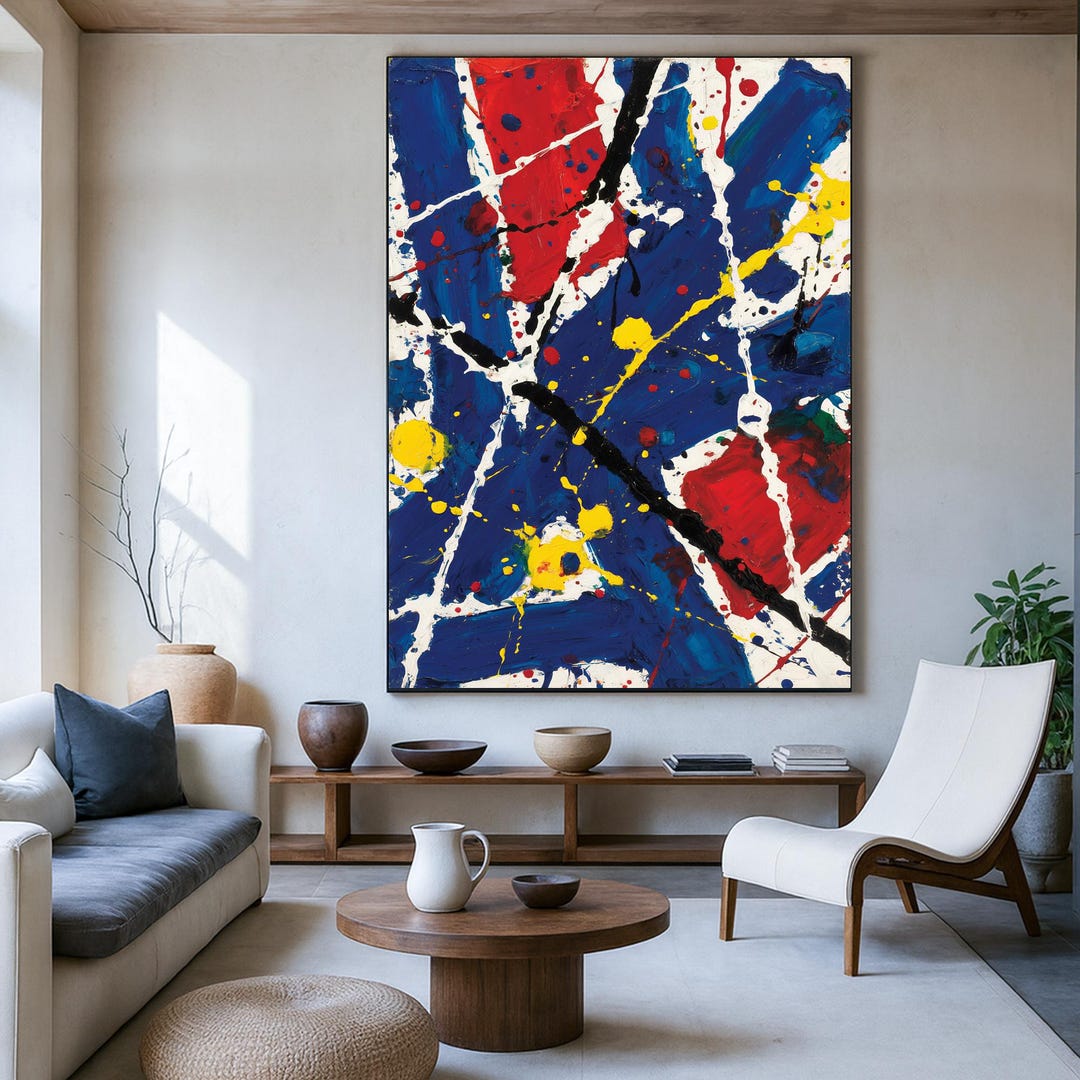 Jackson Pollock Style Abstract Oil Painting: Bold Red, Blue, Yellow ...