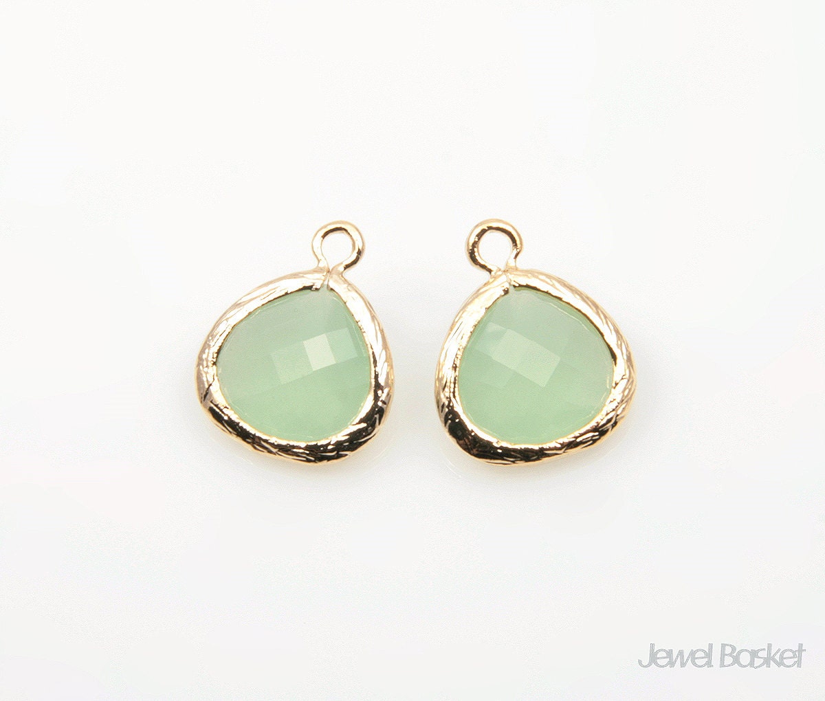 Light Mint Color Glass and Gold Framed Pendant - 2pcs Light Mint Glass ...