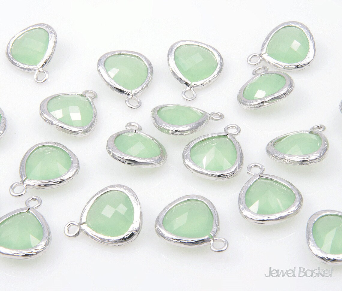 Light Mint Color Glass and Silver Framed Pendant - 2pcs Light Mint ...