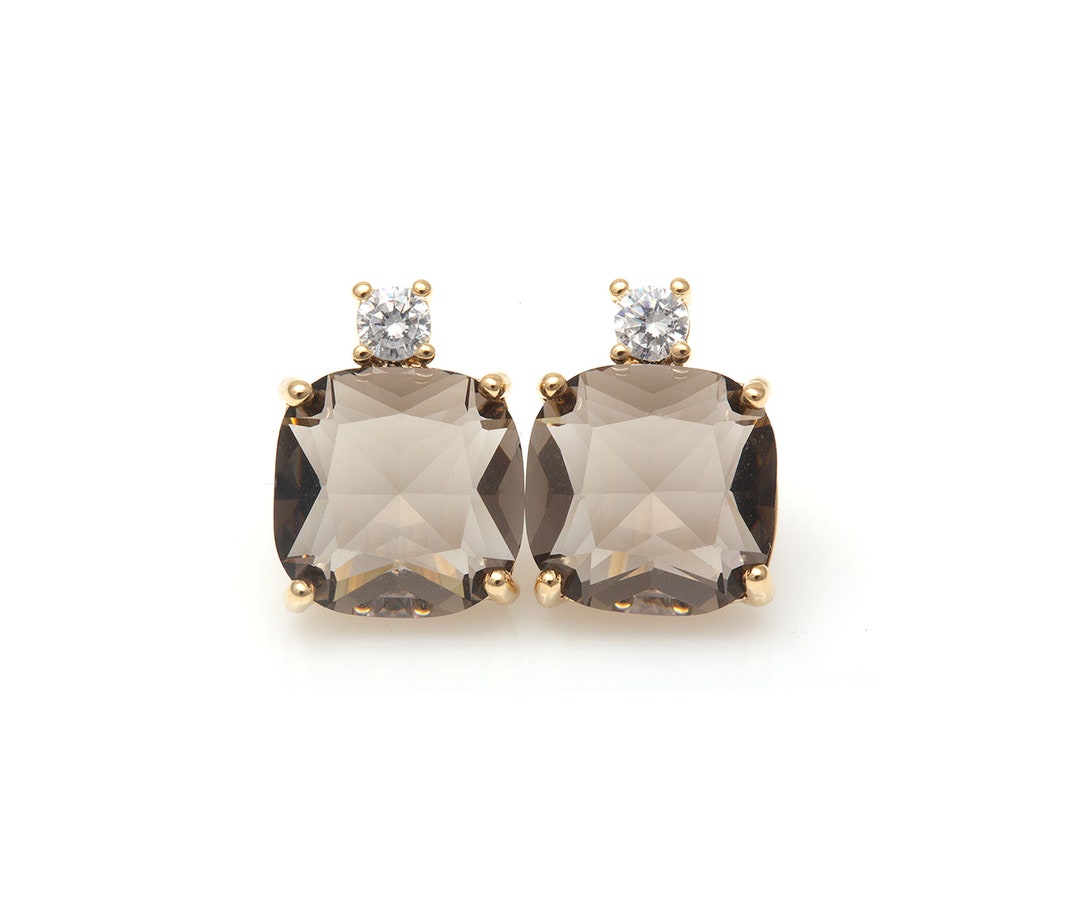 Charcoal Square Glass With Cubic Ear Post / 18k Real Gold - Etsy