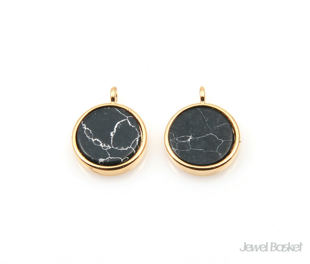 Round Black Turquoise Pendant in Gold Vertical Loop / 10.0mm X 13.0mm ...