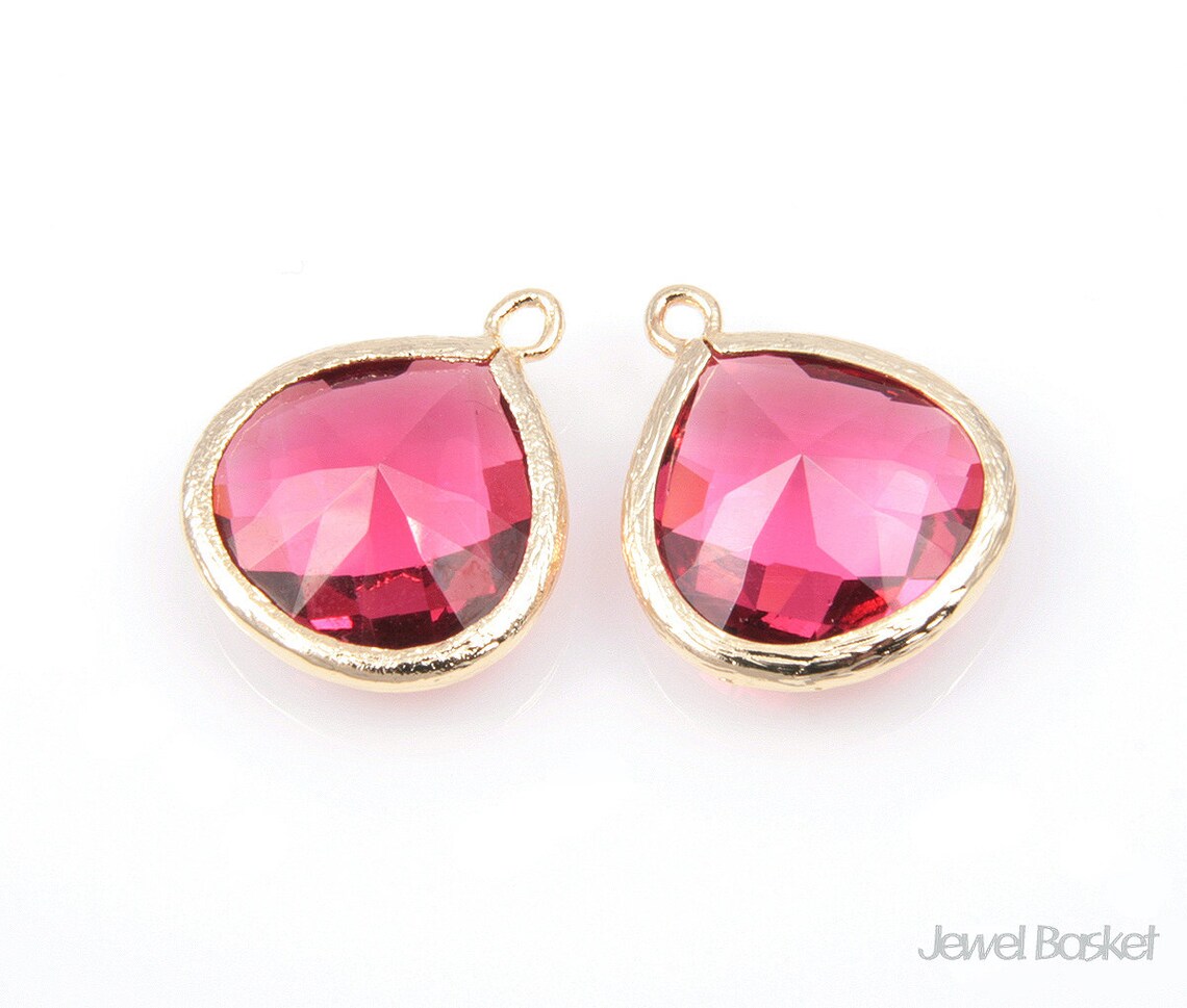 2pcs Ruby Color Glass and Gold Framed Pendent / ruby / | Etsy