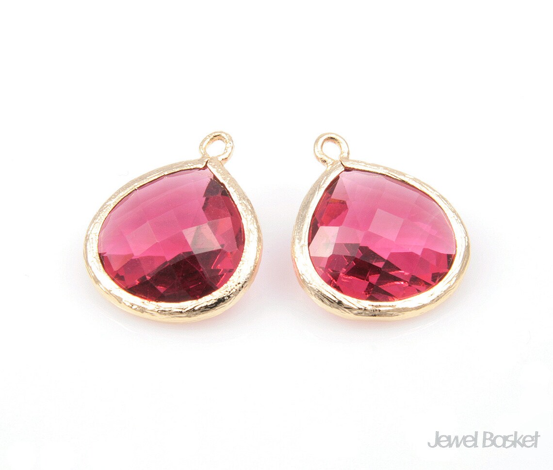2pcs Ruby Color Glass and Gold Framed Pendent / ruby / | Etsy