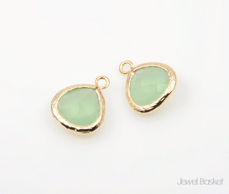 Light Mint Color Glass and Gold Framed Pendant - 2pcs Light Mint Glass ...