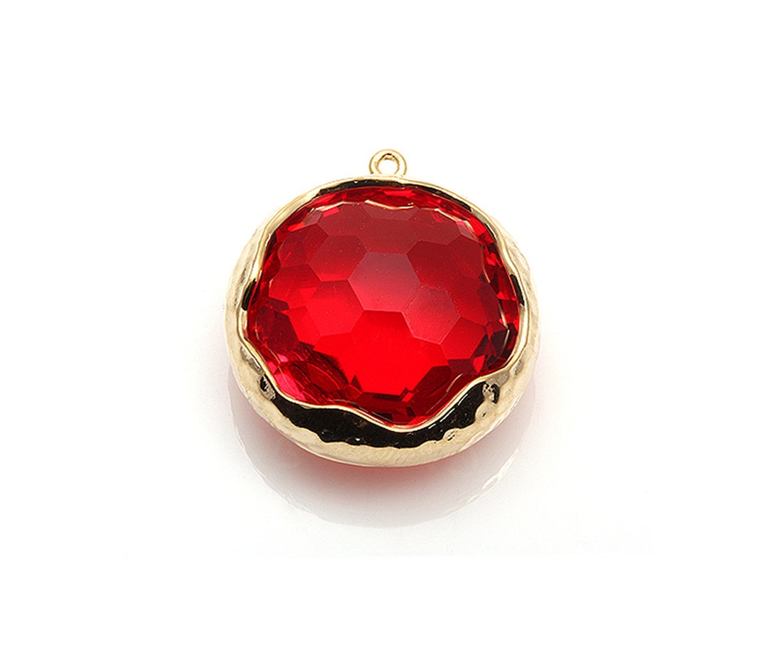 Red Glass and Gold Framed Round Pendant - 1piece of Red Color Glass ...