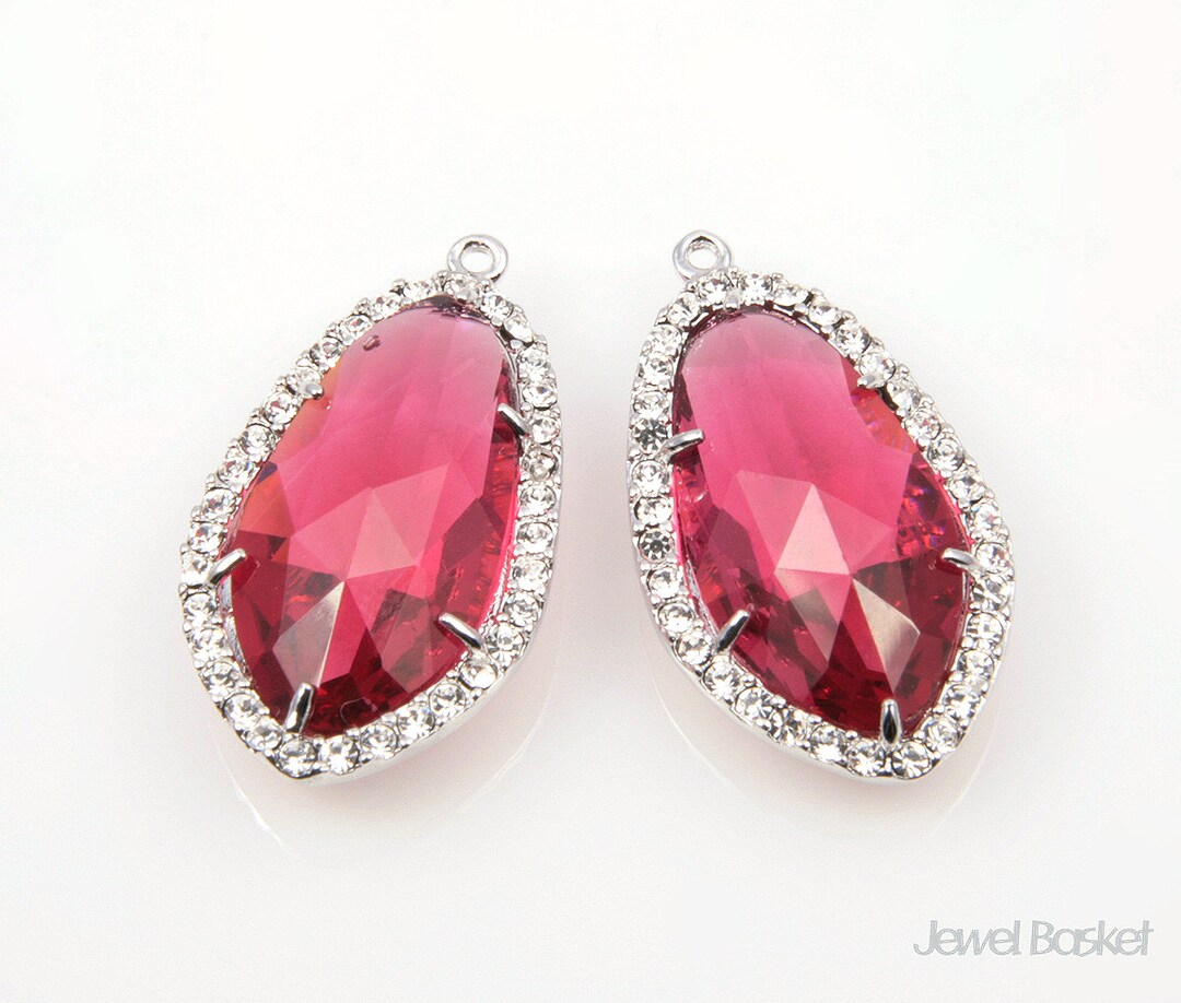 Ruby Glass and Cubic Zirconia Framed Pendant in Rhodium 2pcs Ruby Glass ...