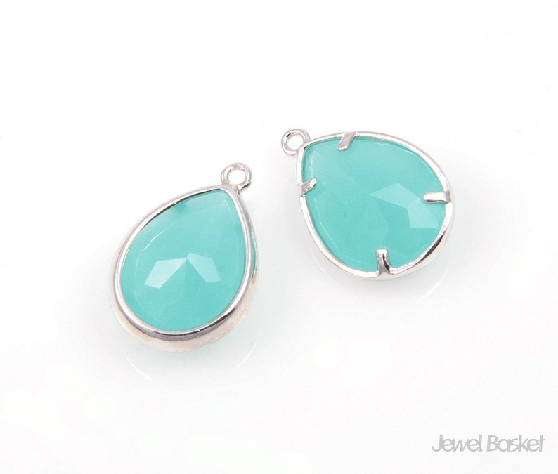 Mint Color Glass and Silver Framed Teardrop Pendent / 10.5mm X 16mm ...