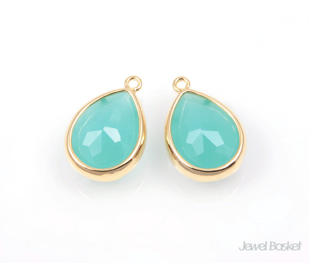 Mint Color Glass and Gold Framed Teardrop Pendent / 10.5mm X 16mm ...
