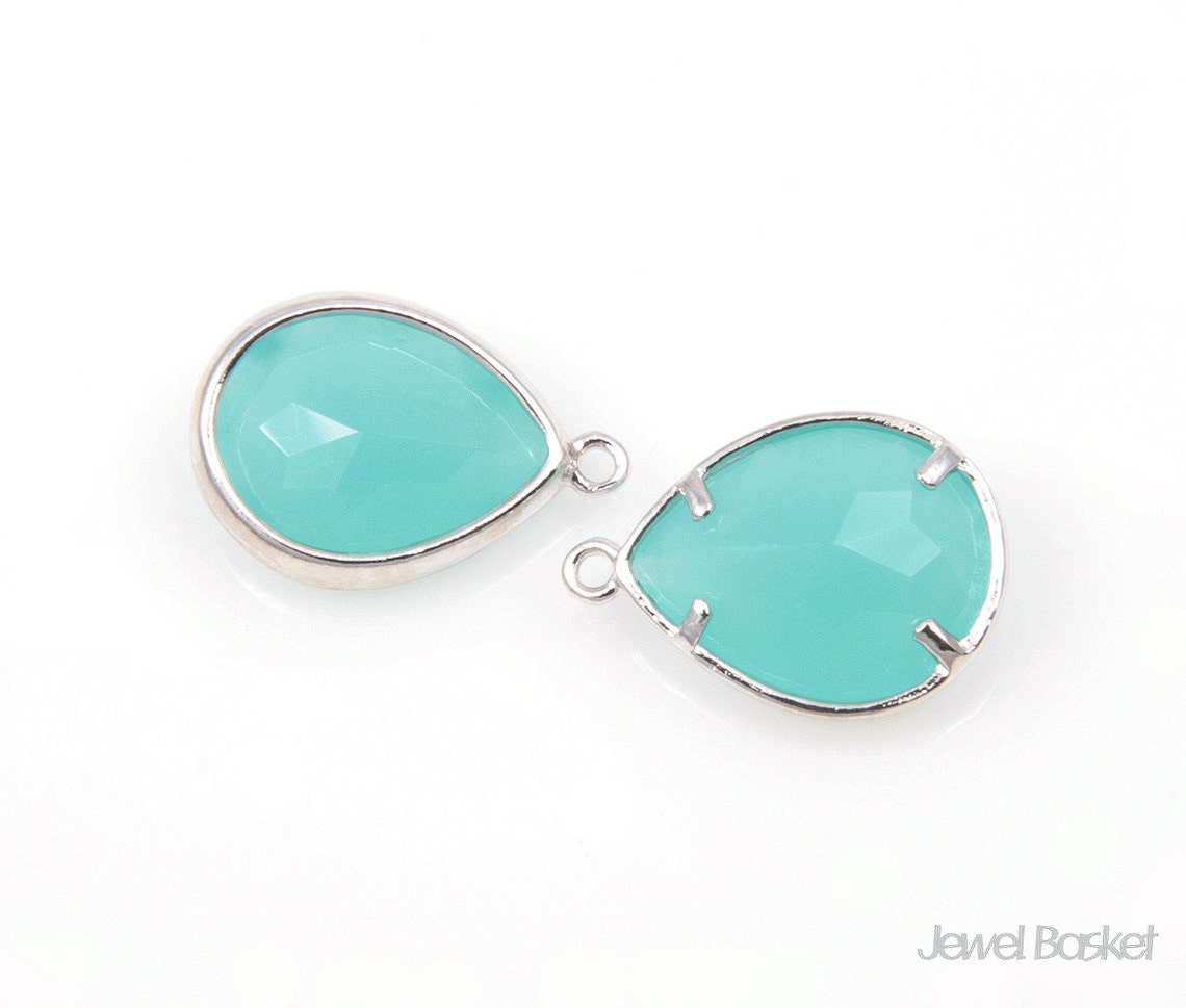 Mint Color Glass and Silver Framed Teardrop Pendent / 10.5mm X 16mm ...