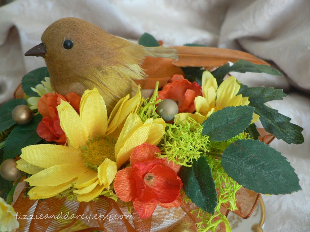 Yellow Daisy Orange Bronze Repurposed Teacup Bird Nest Silk - Etsy