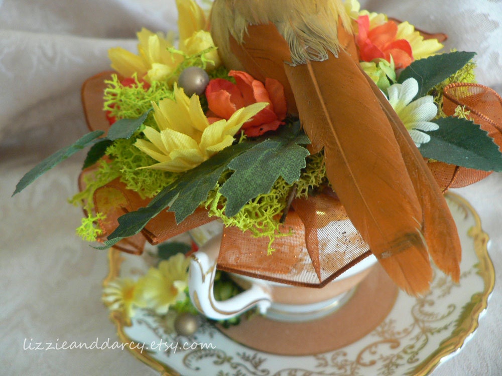 Yellow Daisy Orange Bronze Repurposed Teacup Bird Nest Silk - Etsy
