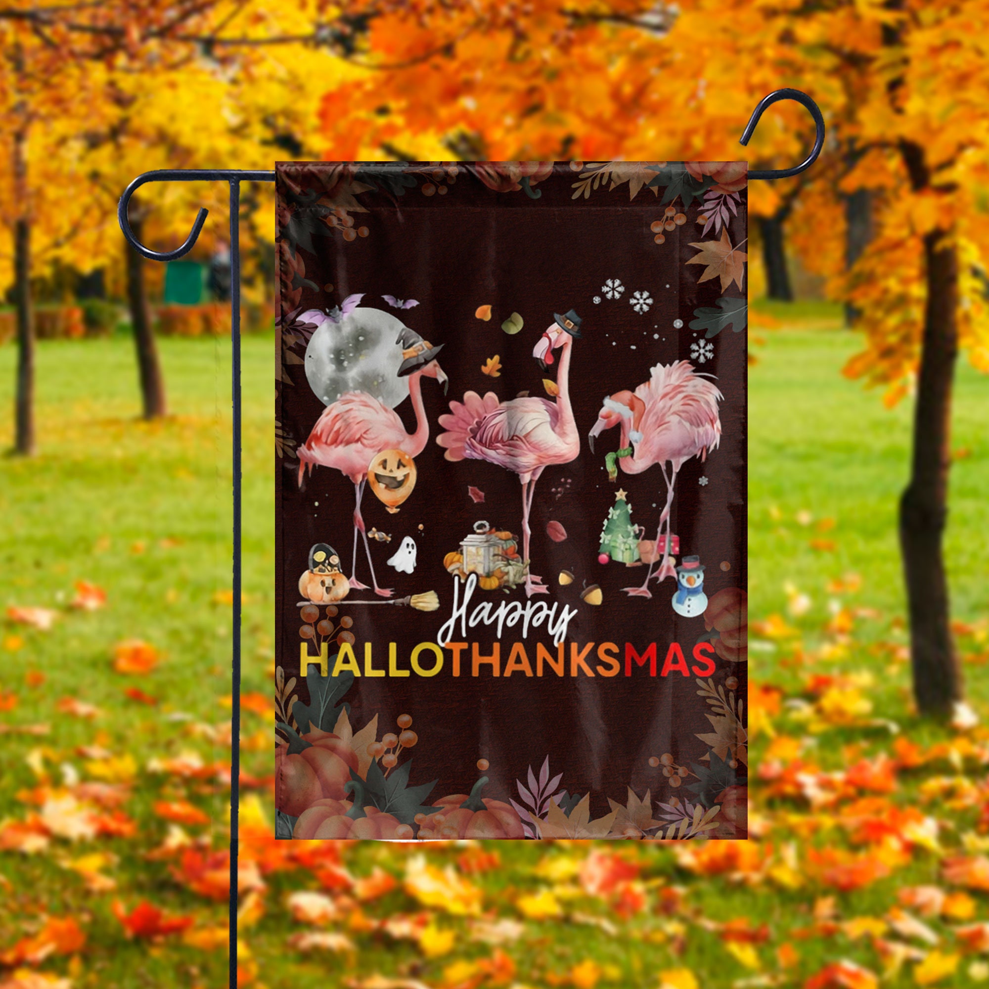 Happy Hallo Thanks Mas Flamingo Garden Flag