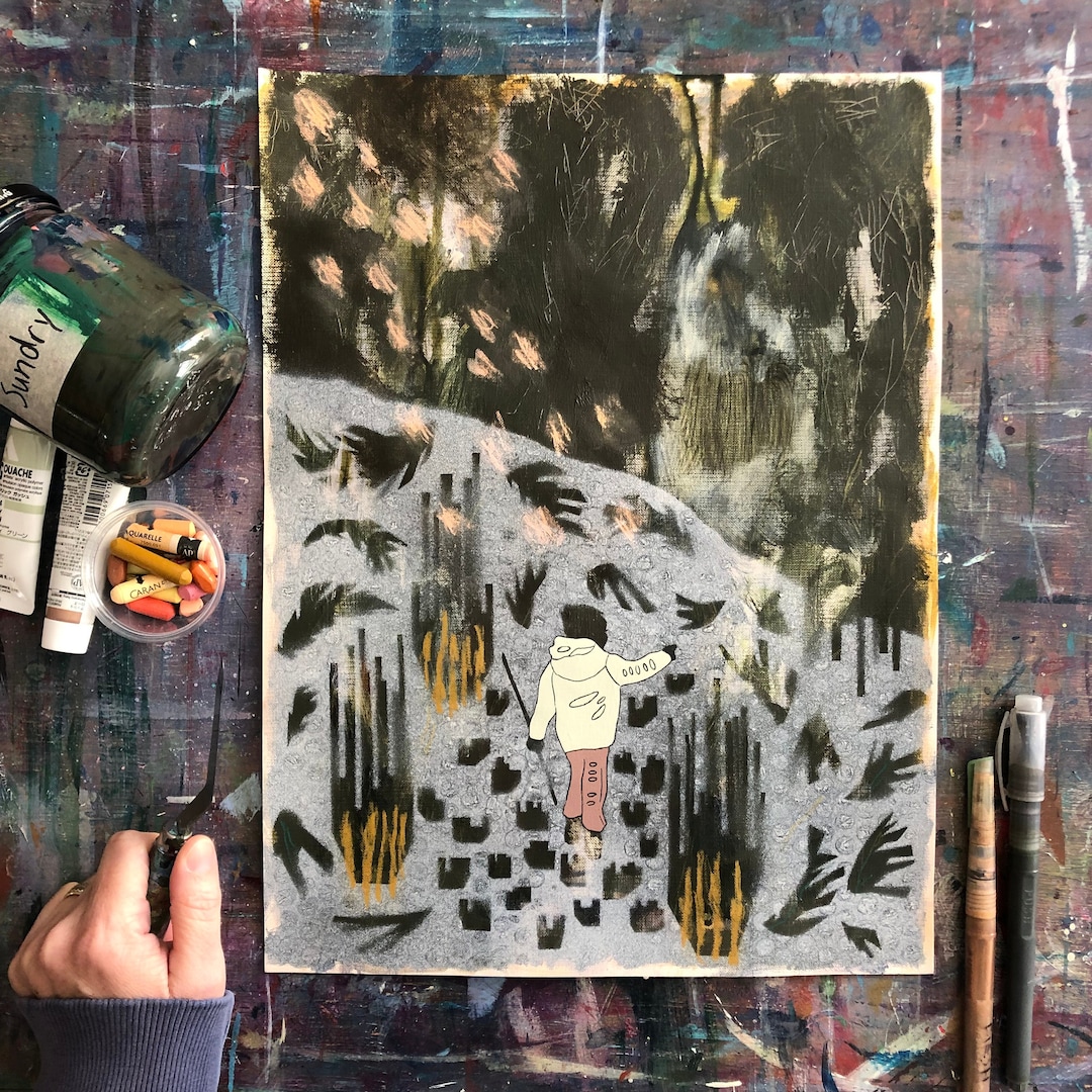 Original Mixed Media Painting on Paper, Handmade Moody Forest Art ...
