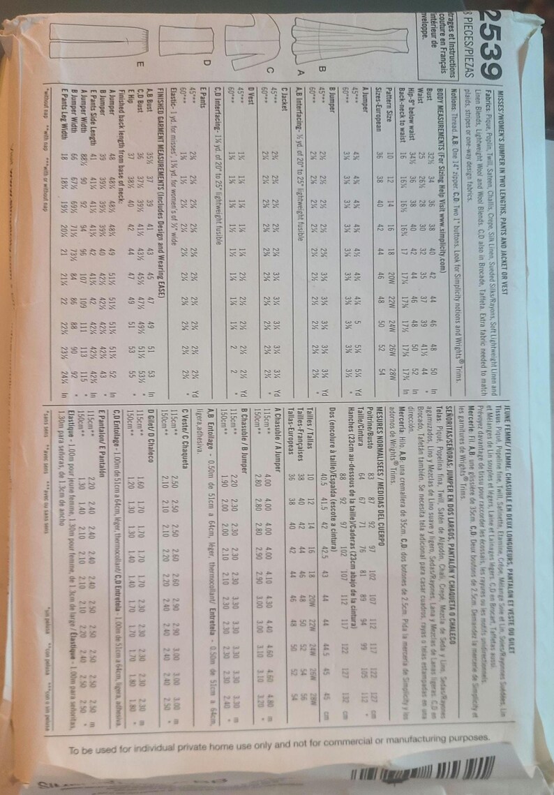 Simplicity Sewing Pattern 2539. Womens Jumper, Pants, Jacket & Vest ...