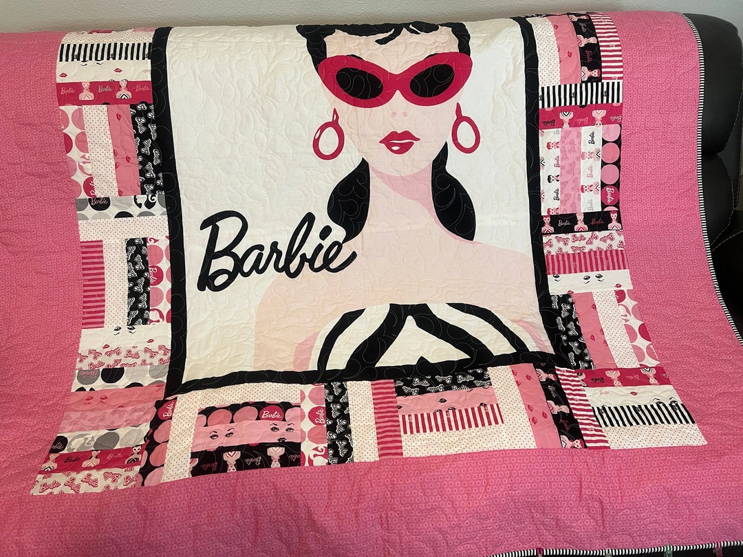 Pink Doll Quilt- Hot Pink Black and White Barbie Lap Size Quilt- SHIPS ...