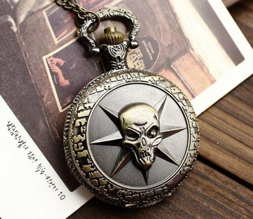 1pcs 45mmx45mm Skeleton Head Bronze Pocket Watch Charms Pendant PW0296 ...