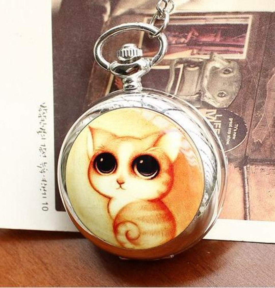 1pcs 25mmx25mm Silver Color Cute Cat Pocket Watch Charms Pendant PW184 ...
