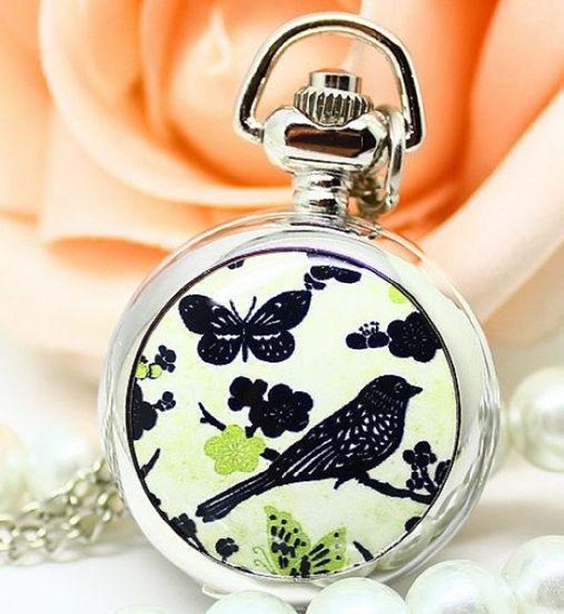 1pcs Butterfly With Bird Pocket Watch Charms Pendant PW0089 25mmx25mm ...