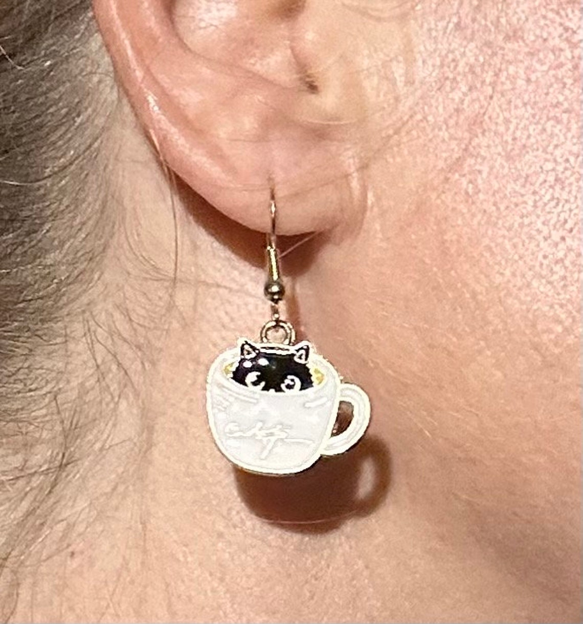 Black Cat in a Coffee Cup Earring Set on Gold Iron Wires - Etsy