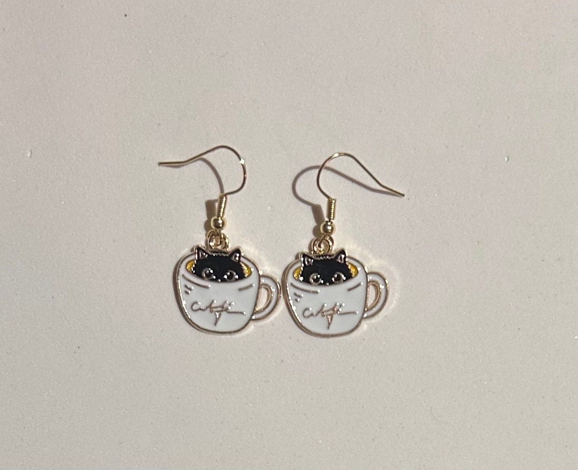 Black Cat in a Coffee Cup Earring Set on Gold Iron Wires * - Etsy
