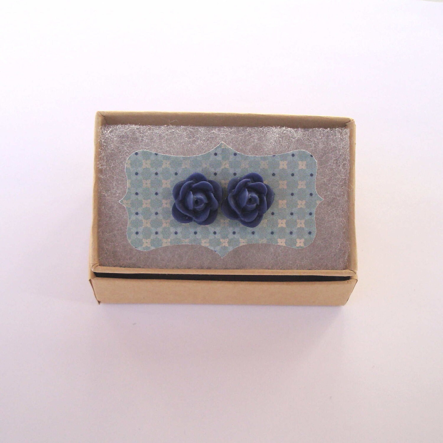 Denim Blue Rose Cabochon Stud Earrings Denim Blue Roses on | Etsy