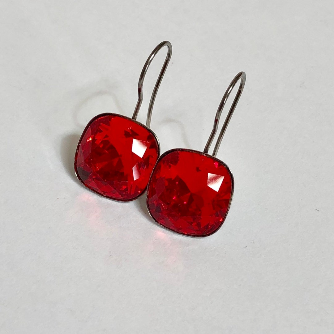 Cherry Drop Red Swarovski Crystal Earrings Fancy Cushion Cut Dangle ...