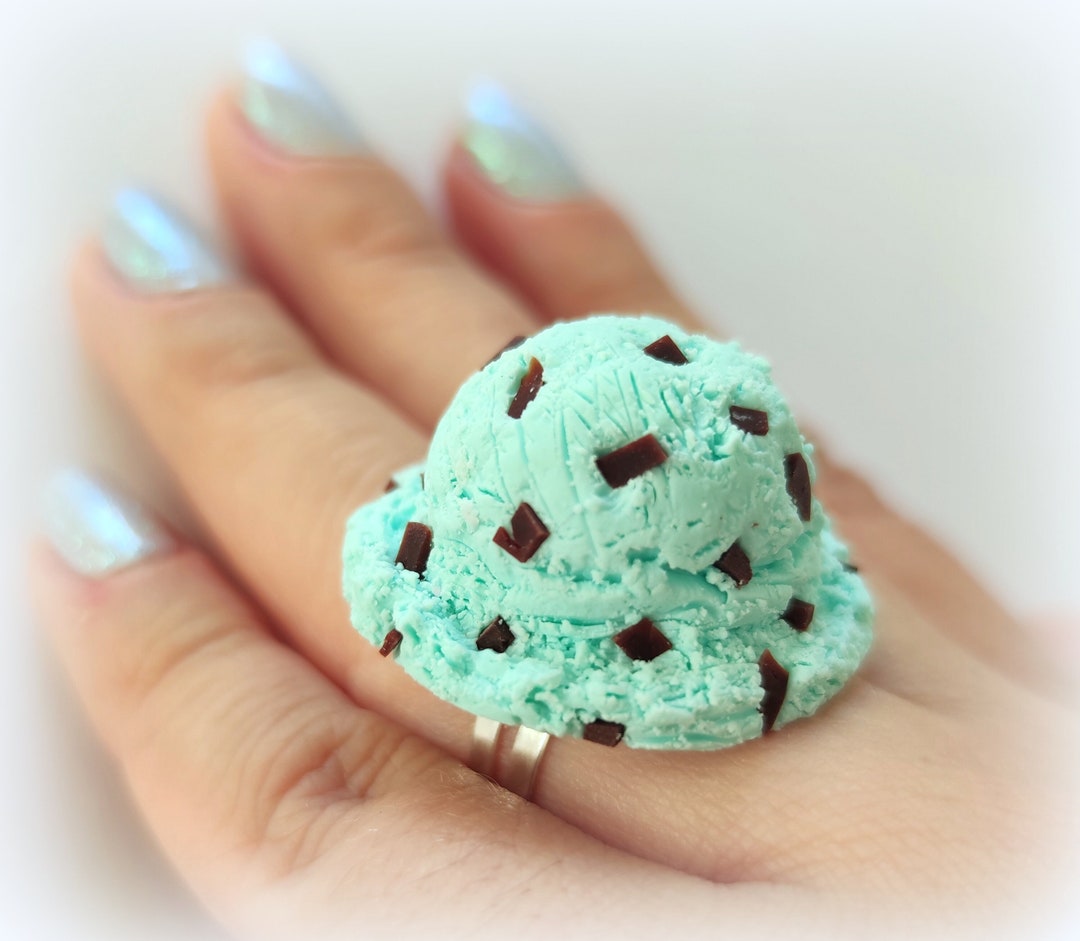 Mint Chocolate Chip Ice Cream Scoop Ring - Food Themed Jewelry - Kawaii ...