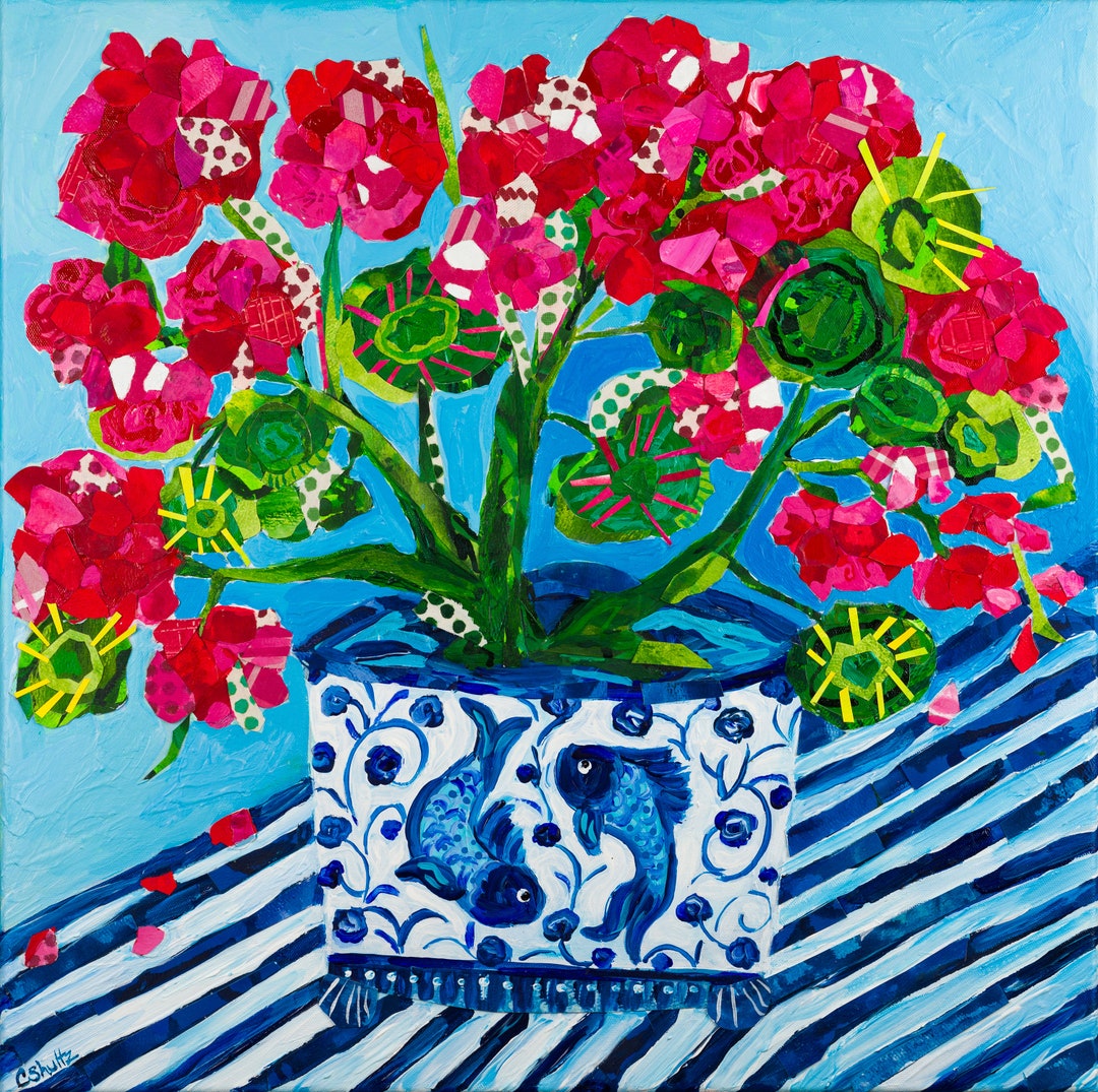RED Geraniums Painting Collage Painting Blue and White Ginger Jar Still ...
