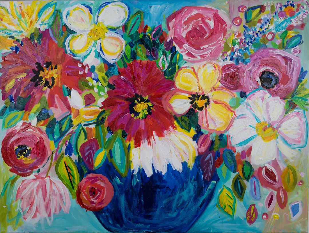Large Bold Floral Still Life, Abstract Flower Painting, Bright Colorful ...