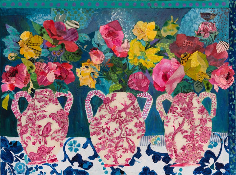 Whimsical Ginger Jars Floral Canvas Print, Abstract Chinoiserie Collage ...