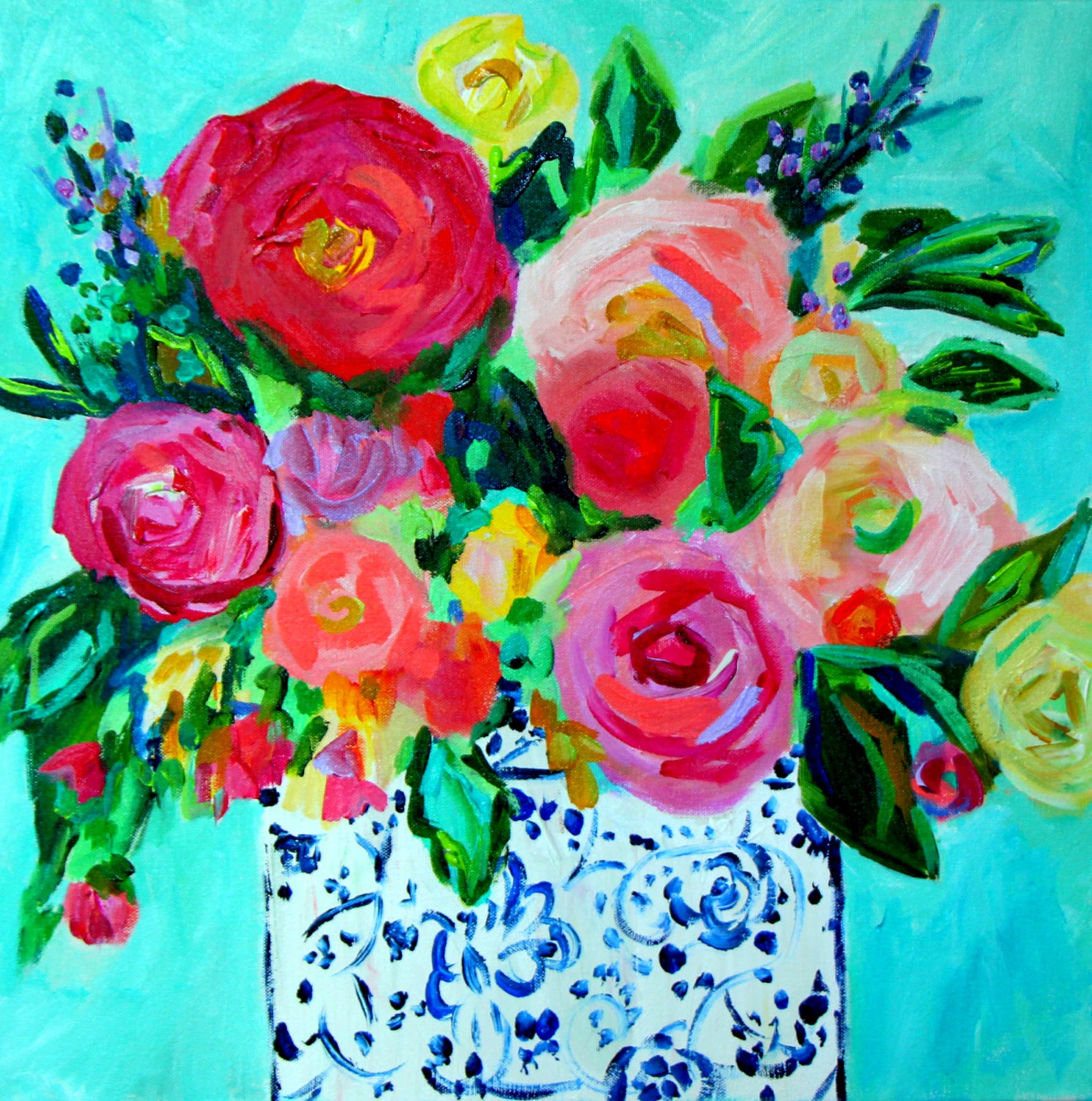 FRAMED Fine Art Print, Colorful Still Life, Flowers in Blue and White ...