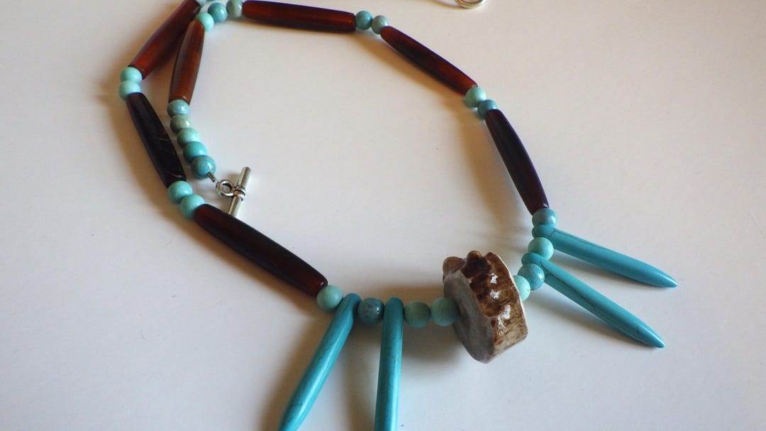 Buffalo bison Tooth Necklace, Horn, Bone, and Turquoise Howlite. Ojibwe ...