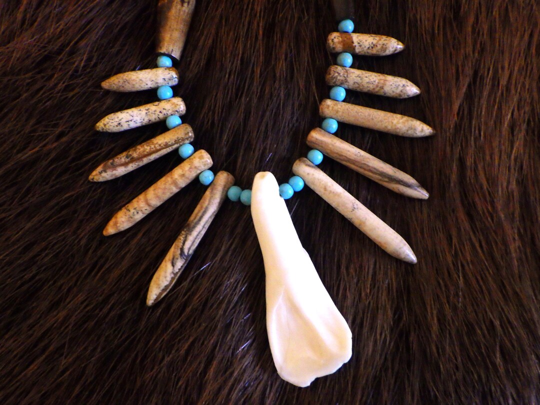 Buffalo bison Tooth Necklace, Picture Jasper Fan, Horn, Turquoise ...