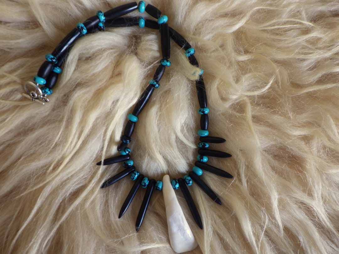Buffalo bison Tooth Necklace, Turquoise, Wood, Tigers Eye Beads, Ojibwe ...