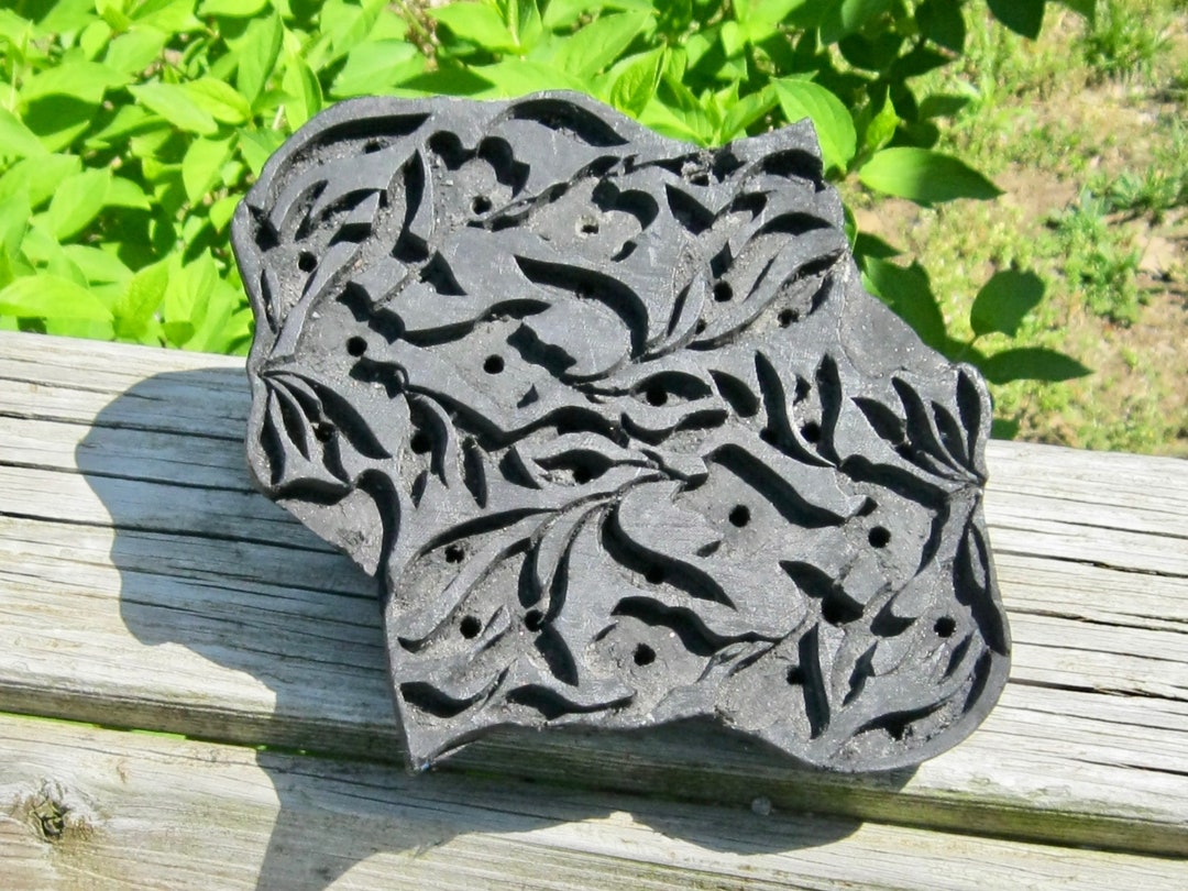 Antique Hand Carved Wood Print Block – Intricate Floral Textile Stamp ...