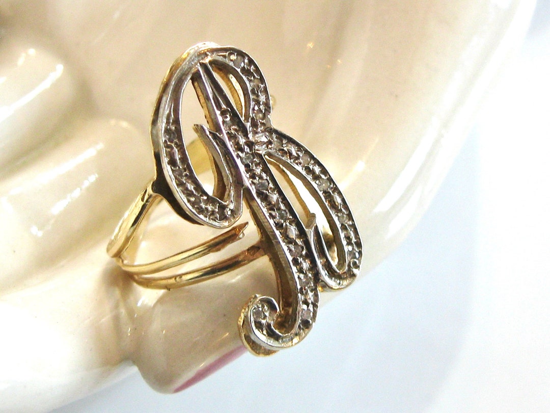 Vintage Retro 14k Gold Diamond Letter b Ring, Script Initial B Ring, Gold B Ring, Handmade ...