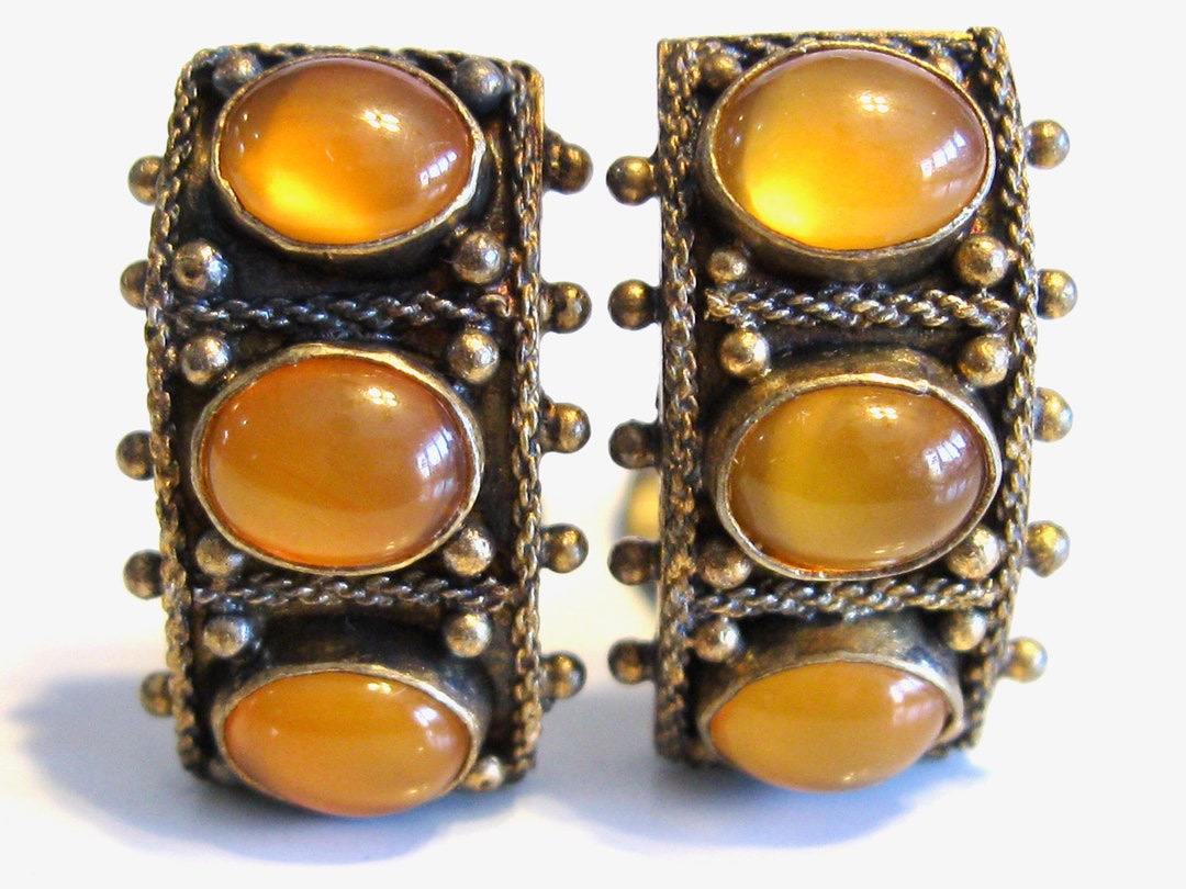 Orange Jade Antique / Vintage Chinese Gold Silver Clip Earrings W ...