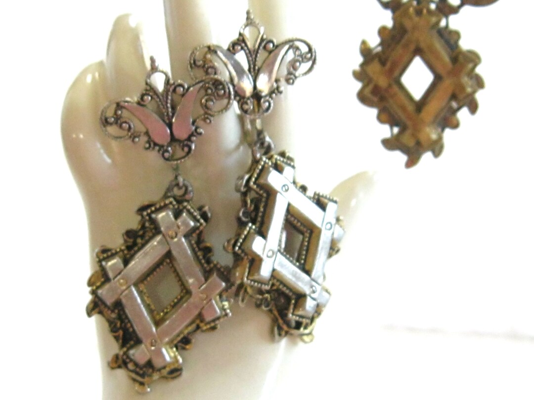 Victorian Necklace and Earring Set - Brass and Mixed Metals - Diamond ...